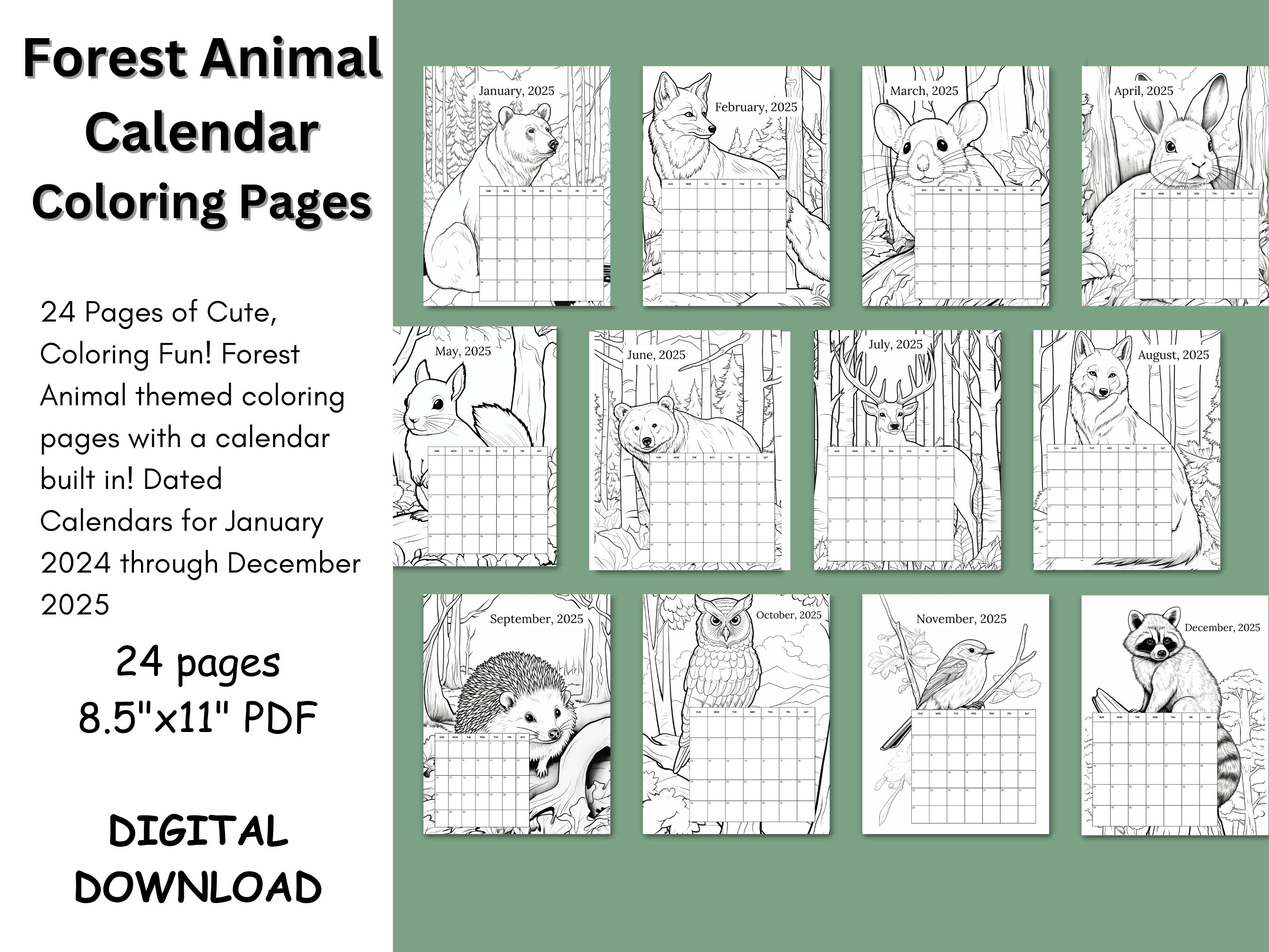 Calendar Coloring Pages Forest Animal, Printable Coloring Pages, Dated ...