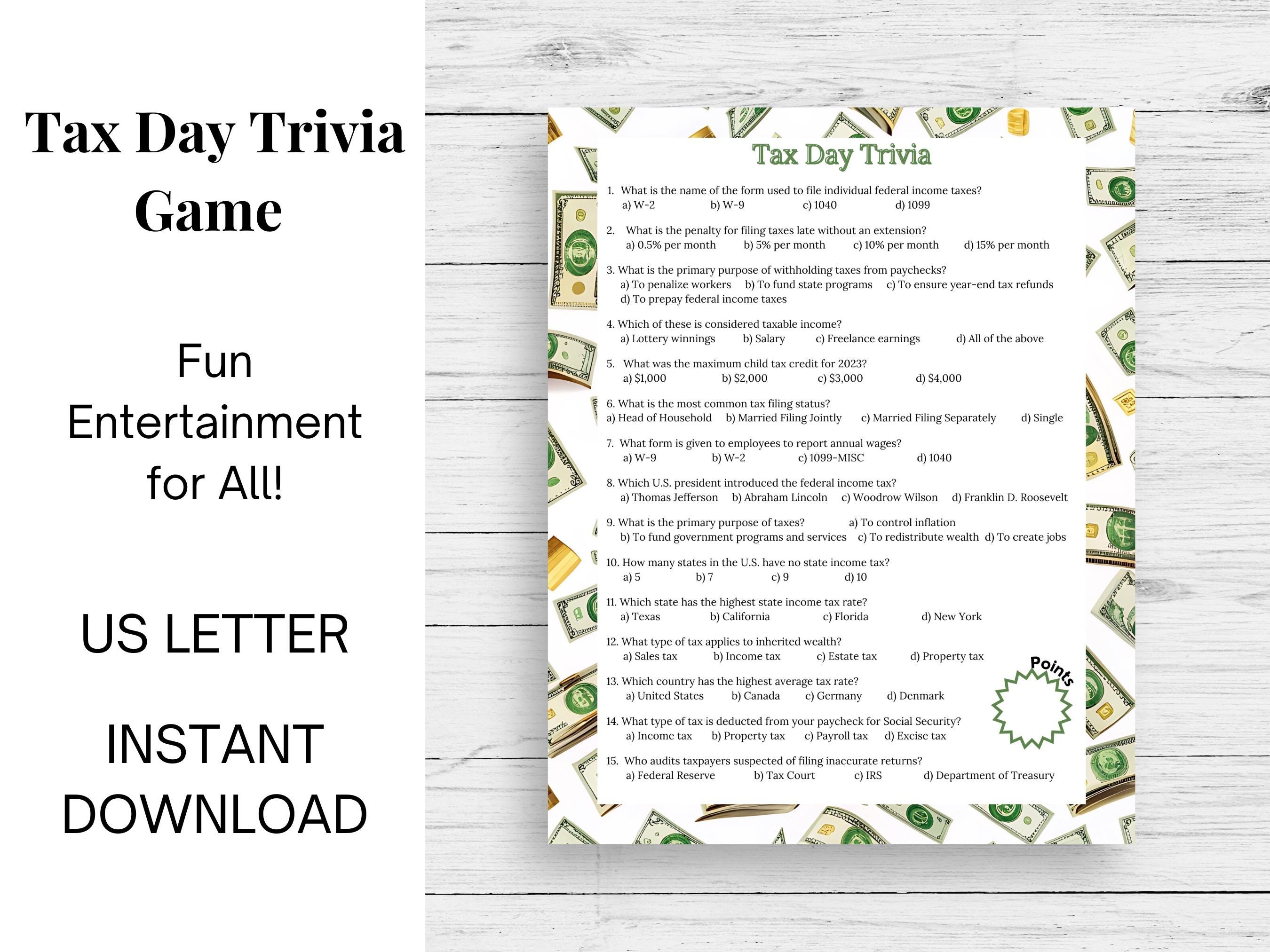 Tax Day Trivia Game, Printable Game, Tax Day Activity, Tax Day ...