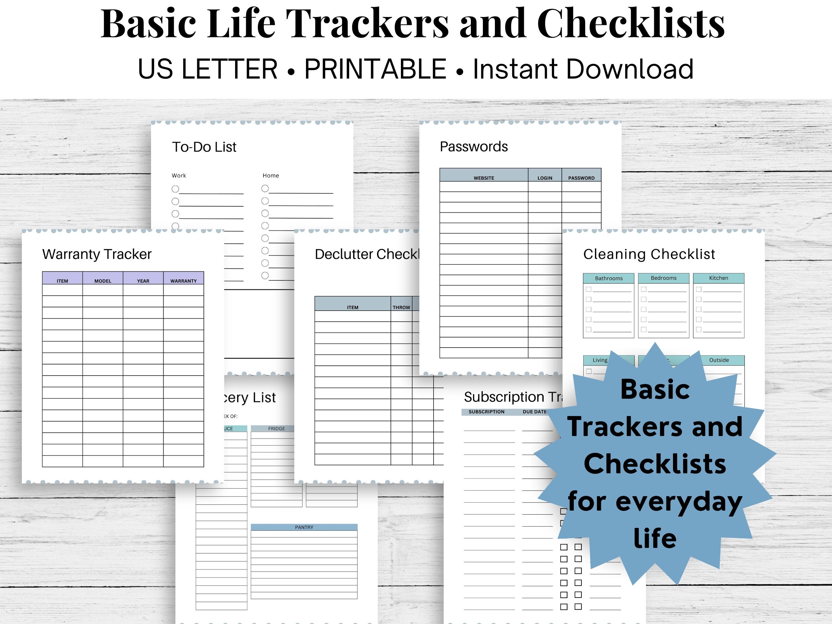 Basic Life Trackers and Checklists, Password Tracker, Subscription ...