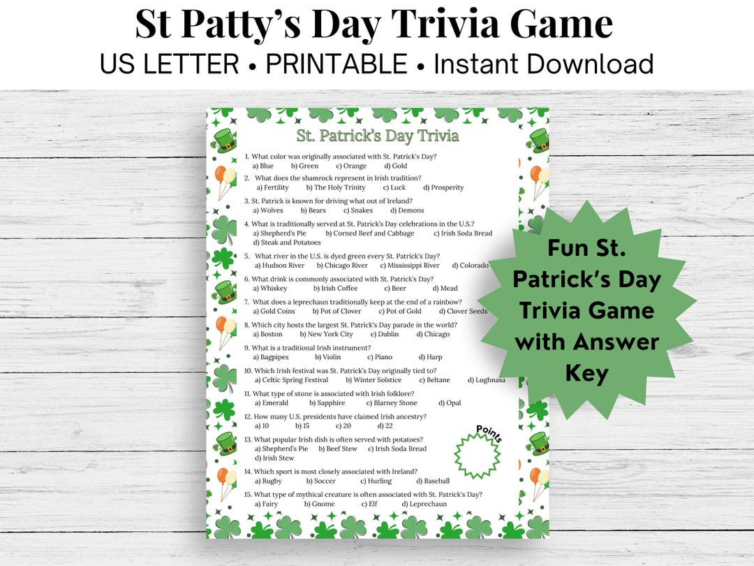 St Patrick's Day Trivia Game, Printable Game, St. Patty's Day Activity ...