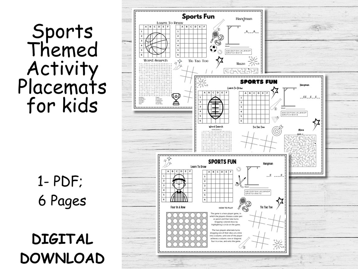Printable Activity Placemat, Sports Themed Activity Mat, Sports Games ...