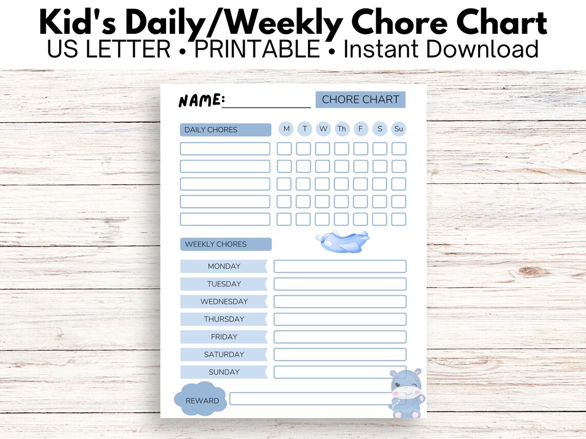 Kid's Printable Chore Chart Blue Hippo Rewards Chart Daily Chore ...