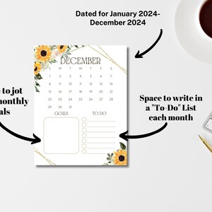 2024 Dated Calendar Pages, Sunflower Themed 2024 Calendar Pages ...