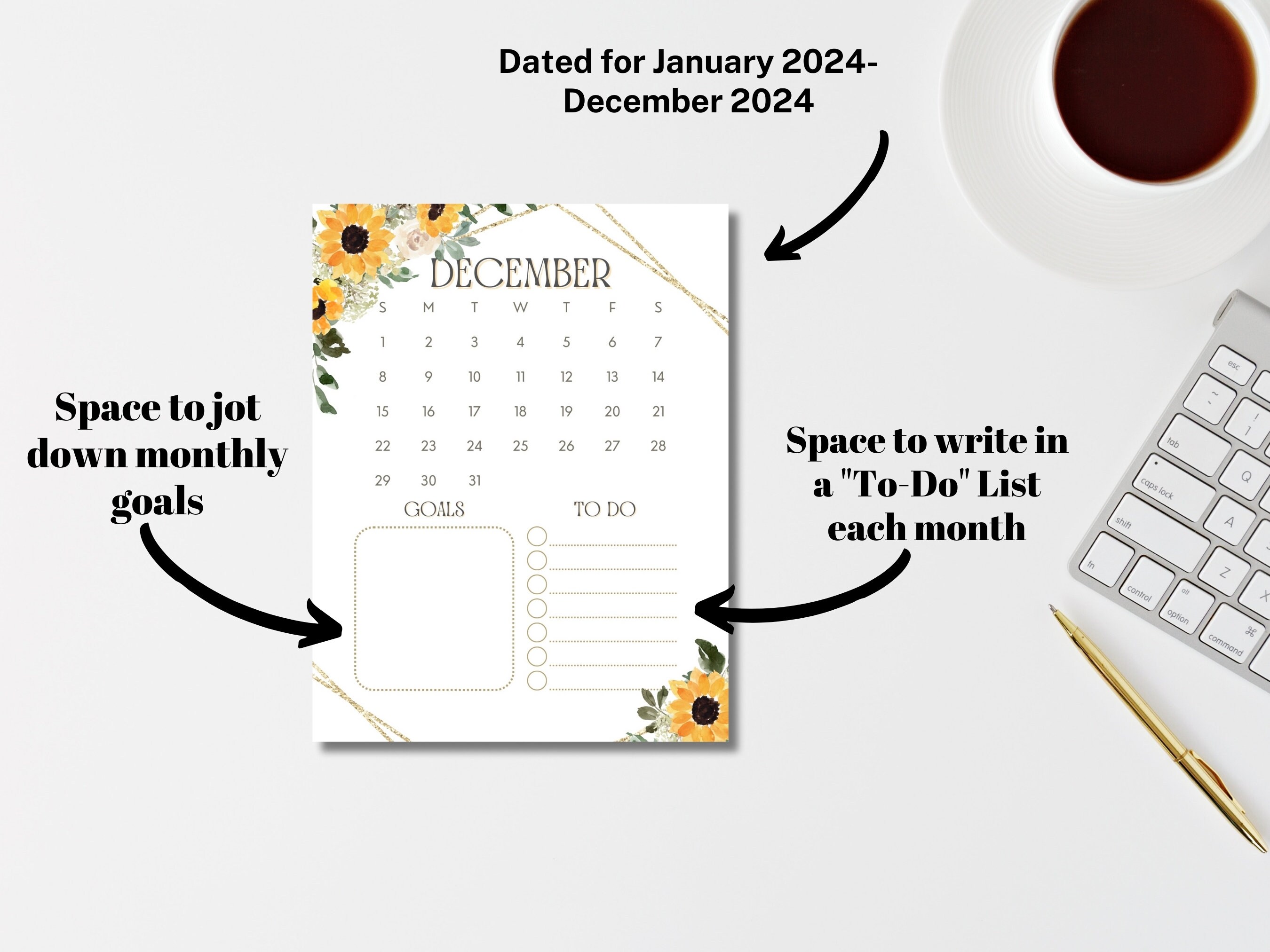 2024 Dated Calendar Pages, Sunflower Themed 2024 Calendar Pages ...