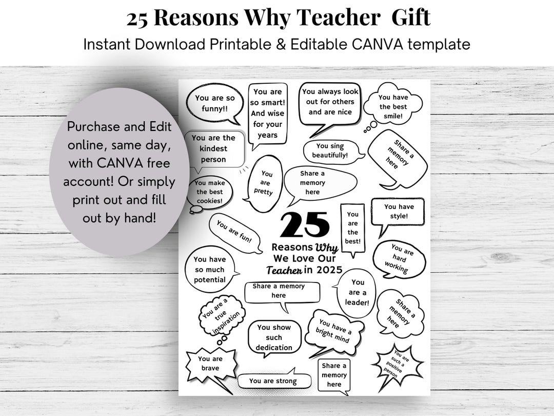25 Reasons Why Teacher Gift, Editable Teacher Gift, 2025 Teacher ...