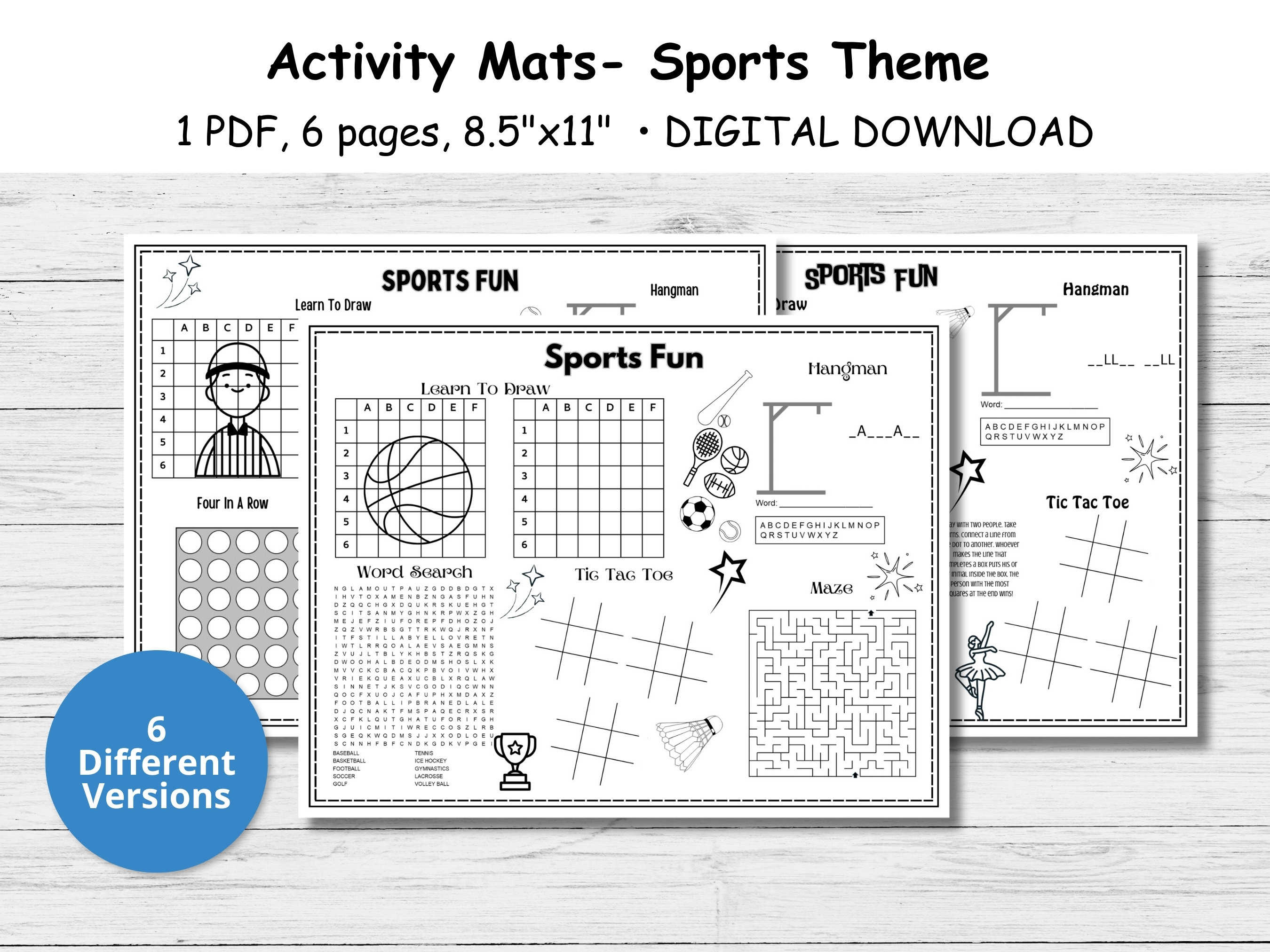 Printable Activity Placemat, Sports Themed Activity Mat, Sports Games ...