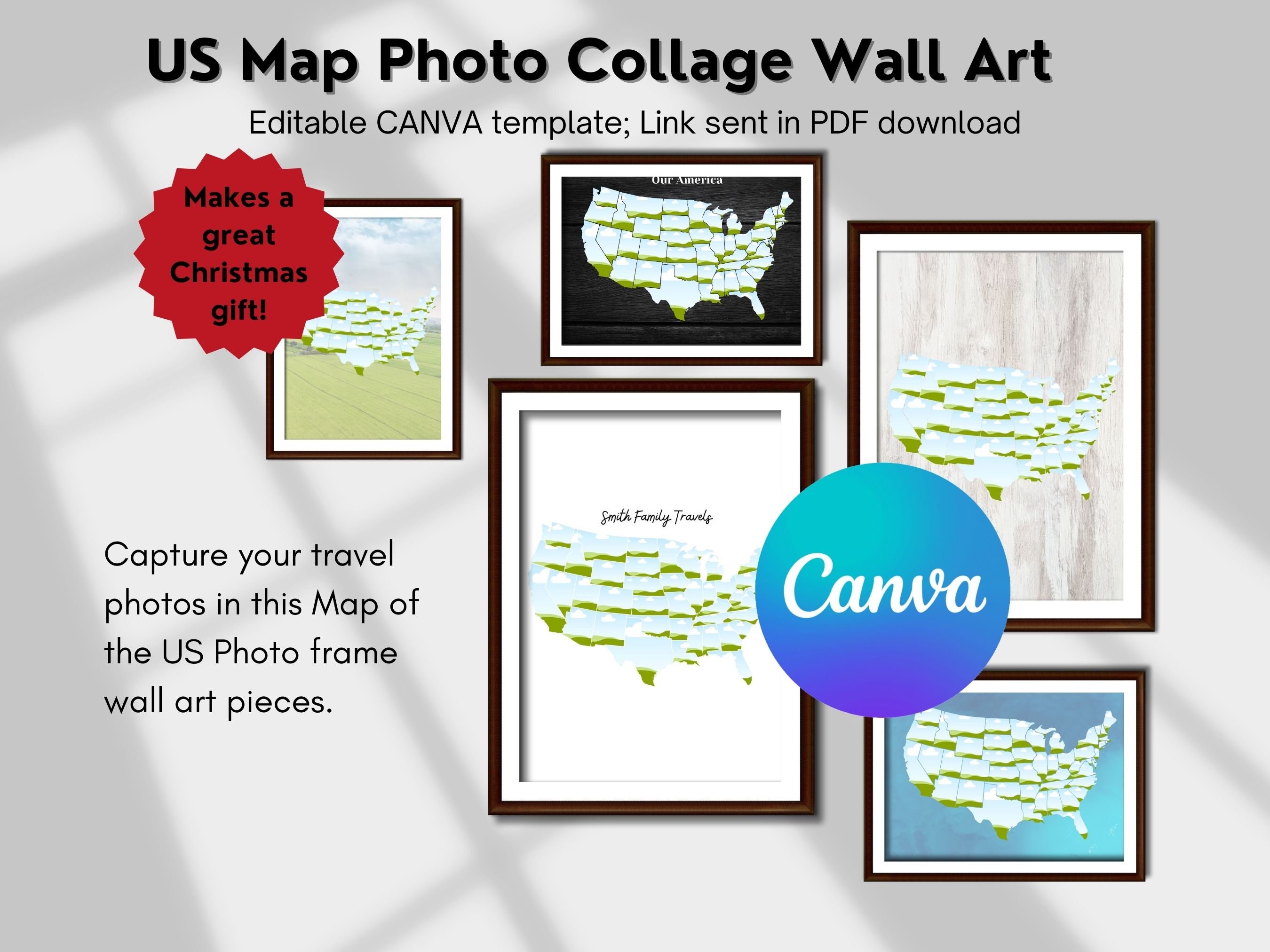U.S. Map Photo Frames Printable Wall Art, United States Photo Collage ...