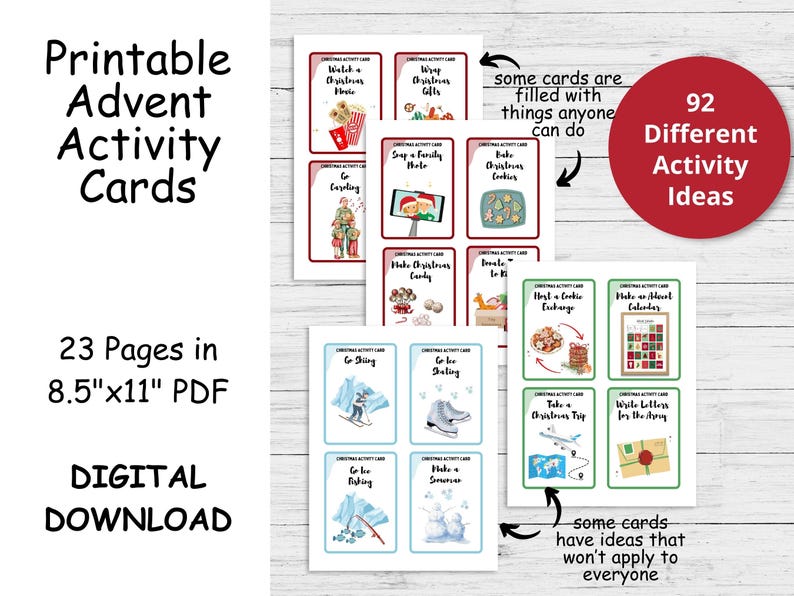 Printable Advent Activity Cards, Christmas Advent Cards, Printable ...