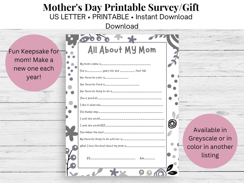 Mother's Day "all About Mom" Survey, Greyscale Mother's Day Gift ...