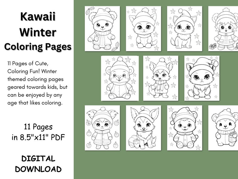Kawaii Winter Coloring Pages for Kids, Printable Coloring Pages, Kids ...