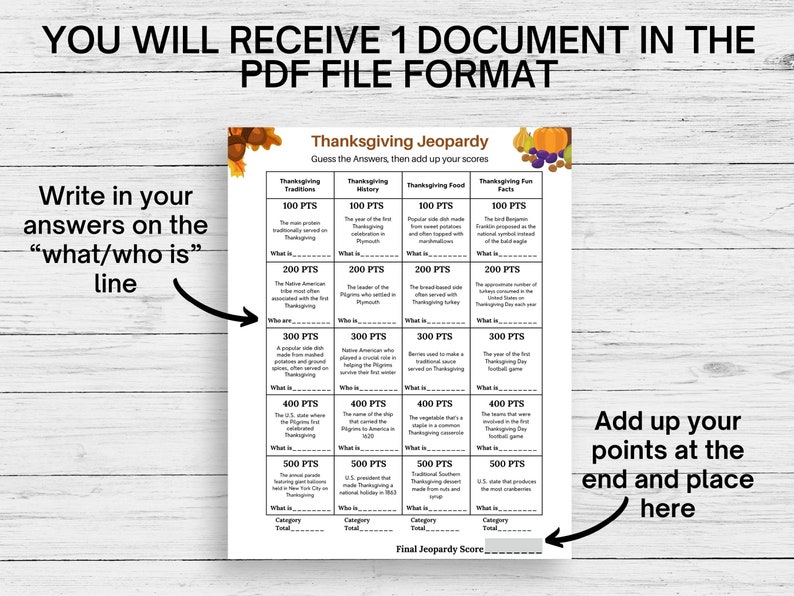 Thanksgiving Trivia Game, Thanksgiving Jeopardy Game, Activity for ...