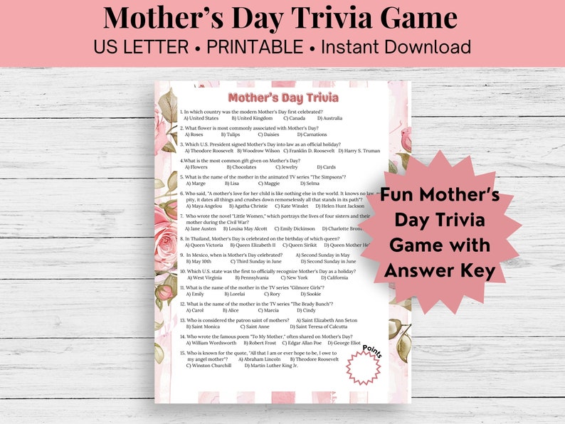 Mother's Day Trivia Game, Printable Game, Mother's Day Party Game ...
