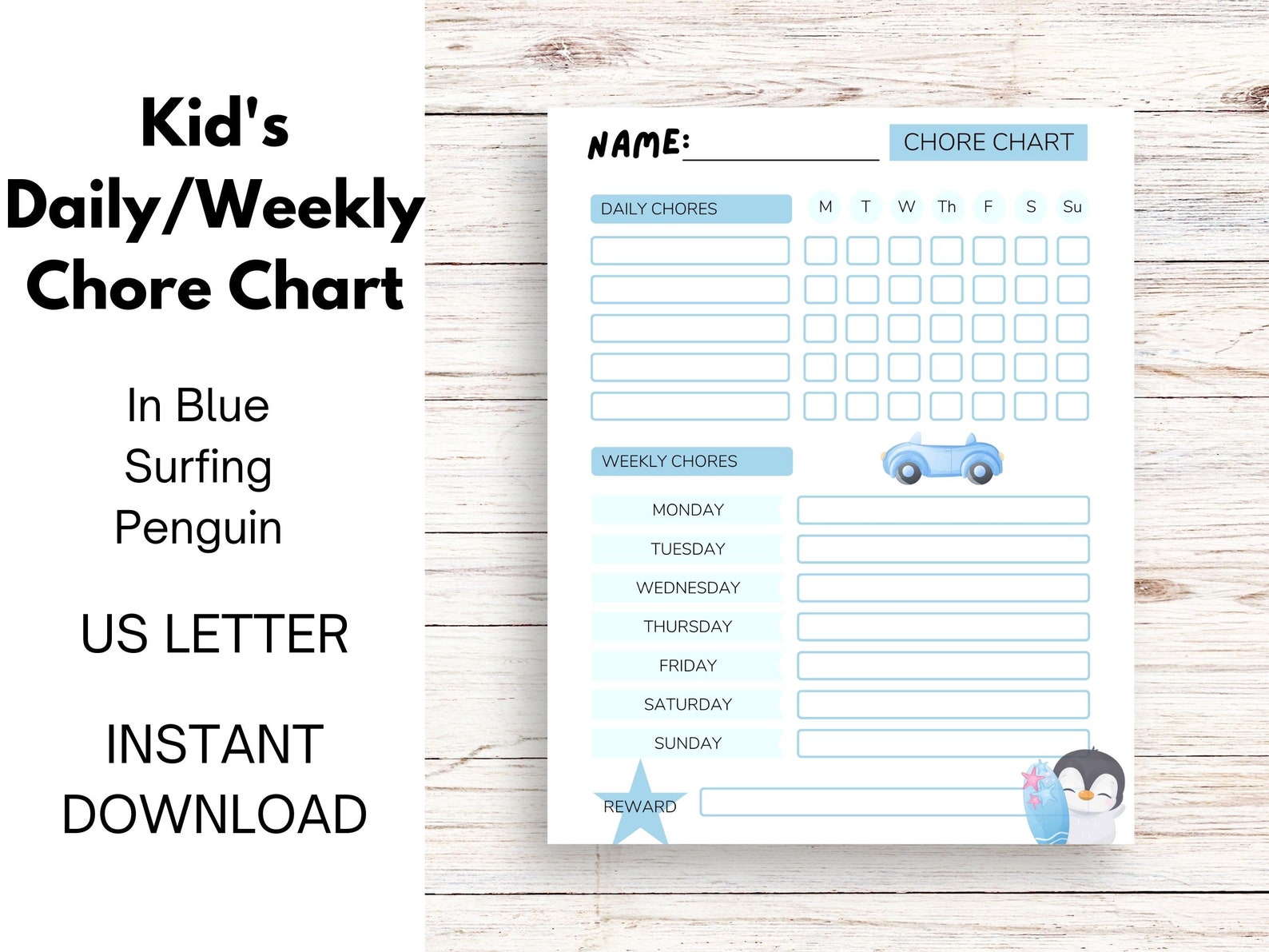 Kid's Printable Chore Chart Blue Surfing Penguin Fillable Chore Chart ...