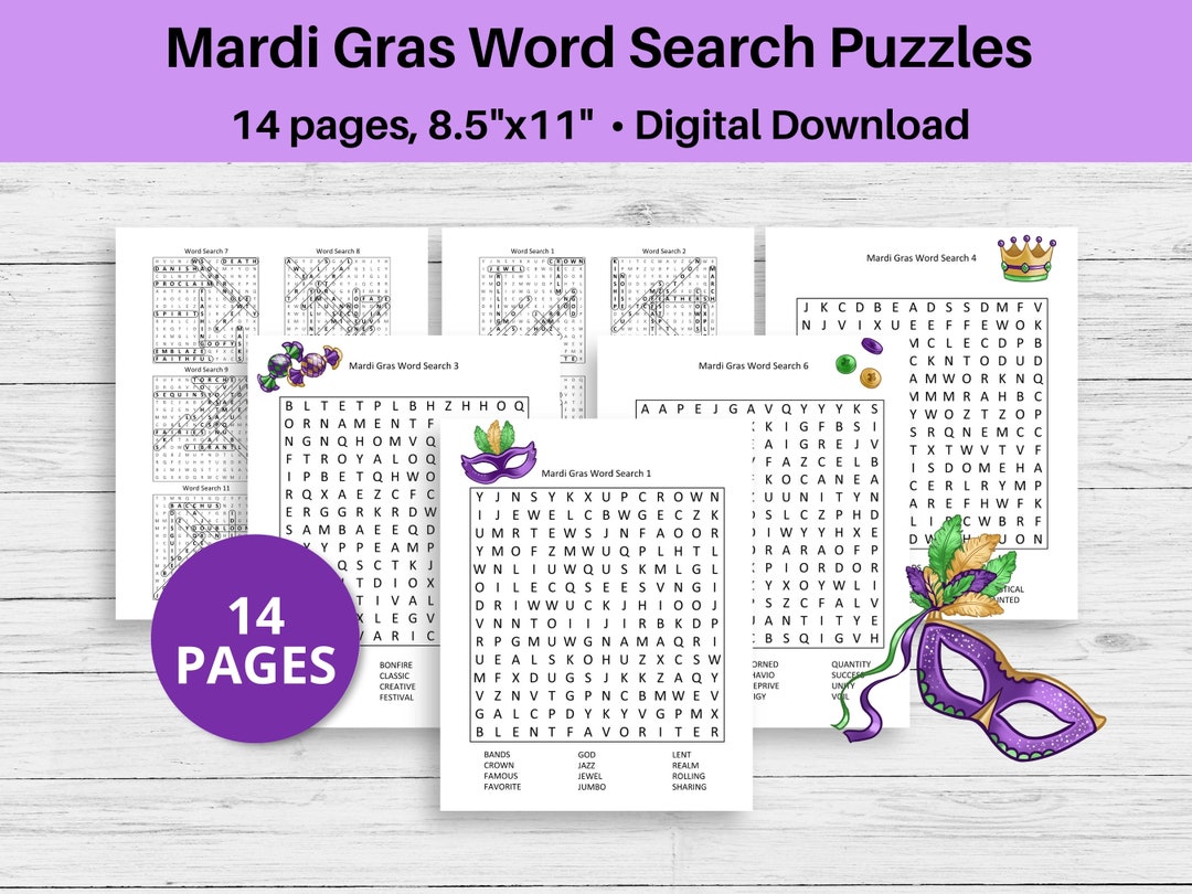 Colored Mardi Gras Word Search Games, Mardi Gras Party Games, Mardi ...