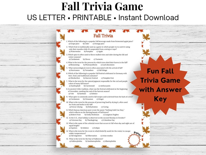 Fall Trivia Game, Printable Autumn Game, Activity for Adults & Kids ...