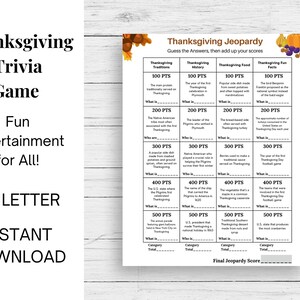 Thanksgiving Trivia Game, Thanksgiving Jeopardy Game, Activity for ...
