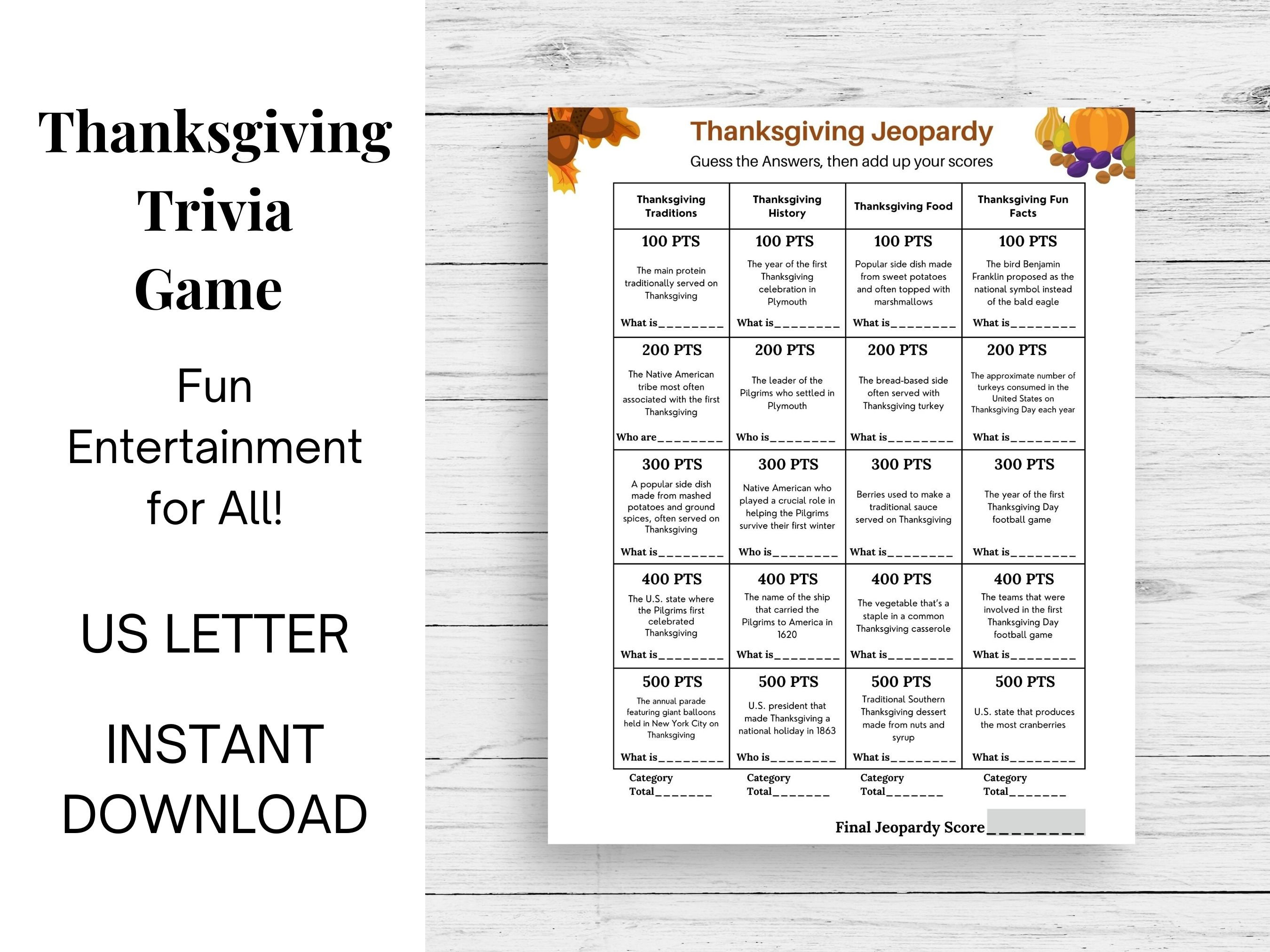 Thanksgiving Trivia Game, Thanksgiving Jeopardy Game, Activity for ...