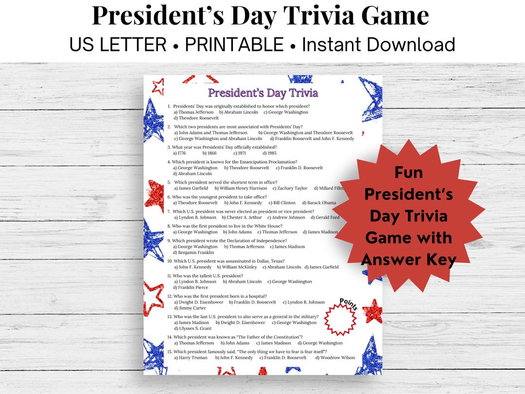 President's Day Trivia Game, Printable Game, President's Day Activity ...