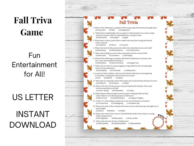 Fall Trivia Game, Printable Autumn Game, Activity for Adults & Kids ...