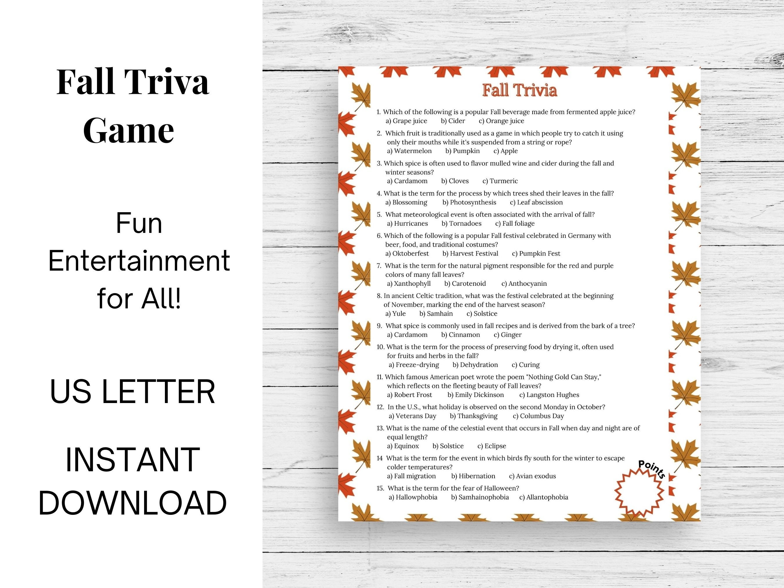 Fall Trivia Game, Printable Autumn Game, Activity for Adults & Kids ...