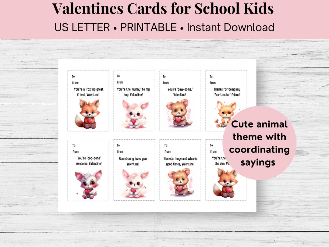 Kids Valentines Cards, Valentine Cards for School, Animal Themed ...