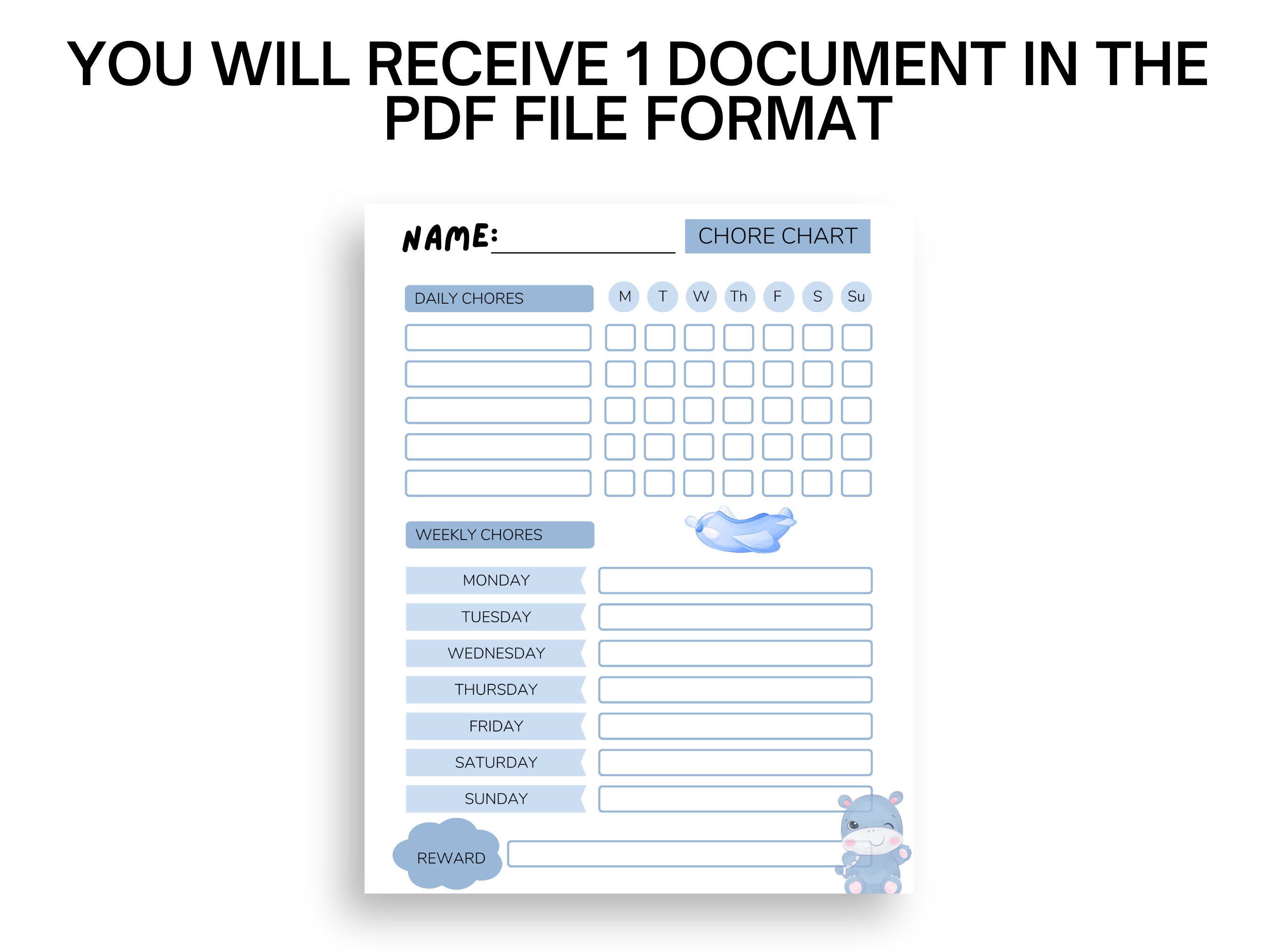 Kid's Printable Chore Chart Blue Hippo Rewards Chart Daily Chore ...