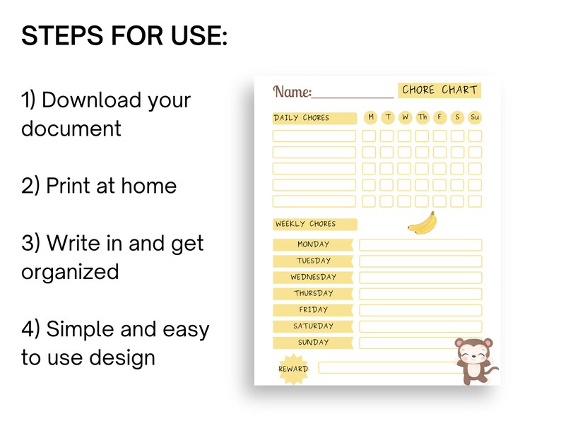 Kid's Printable Chore Chart-yellow Monkey Chore Chart for Kids Weekly ...