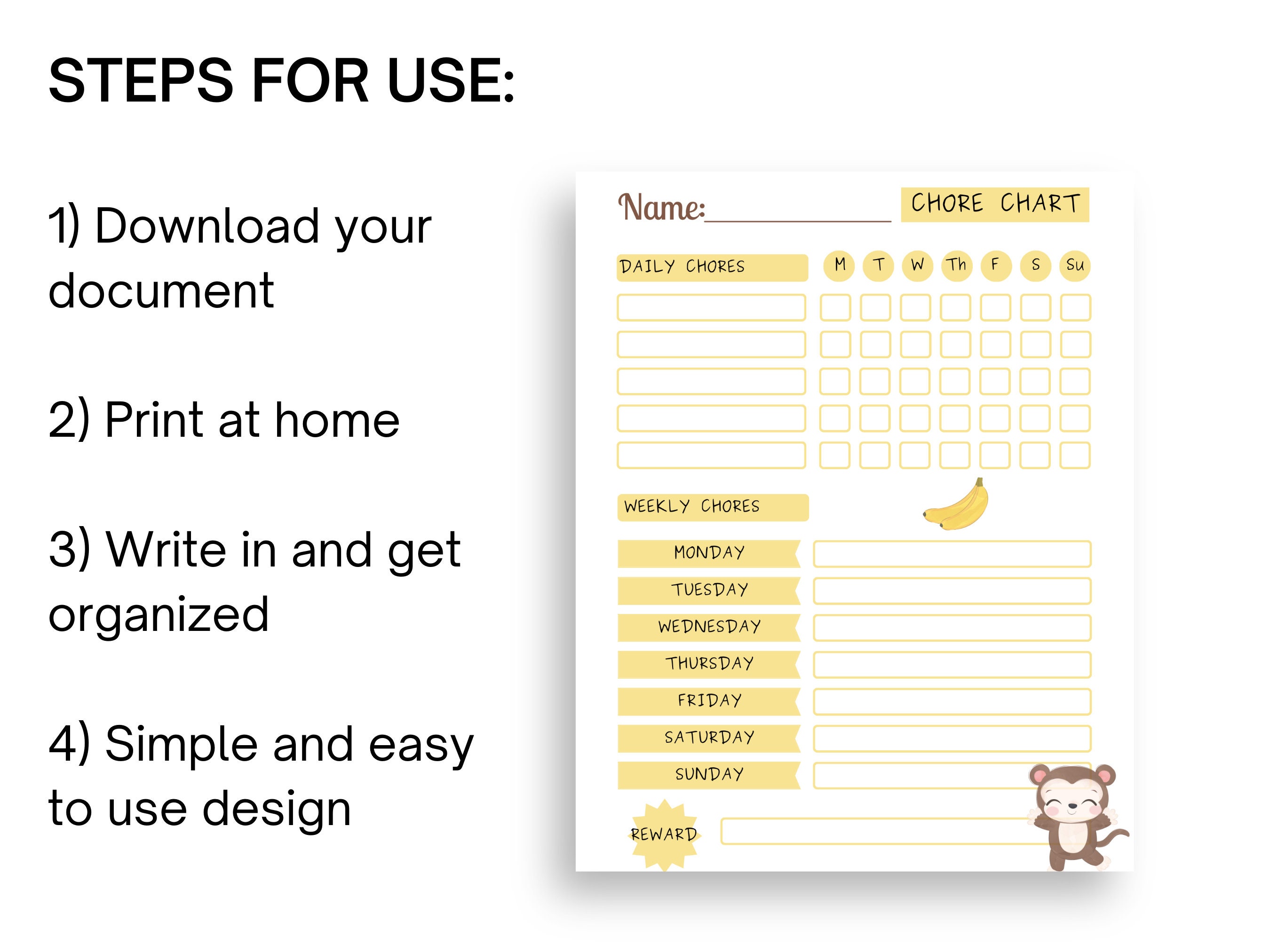 Kid's Printable Chore Chart-yellow Monkey Chore Chart for Kids Weekly ...