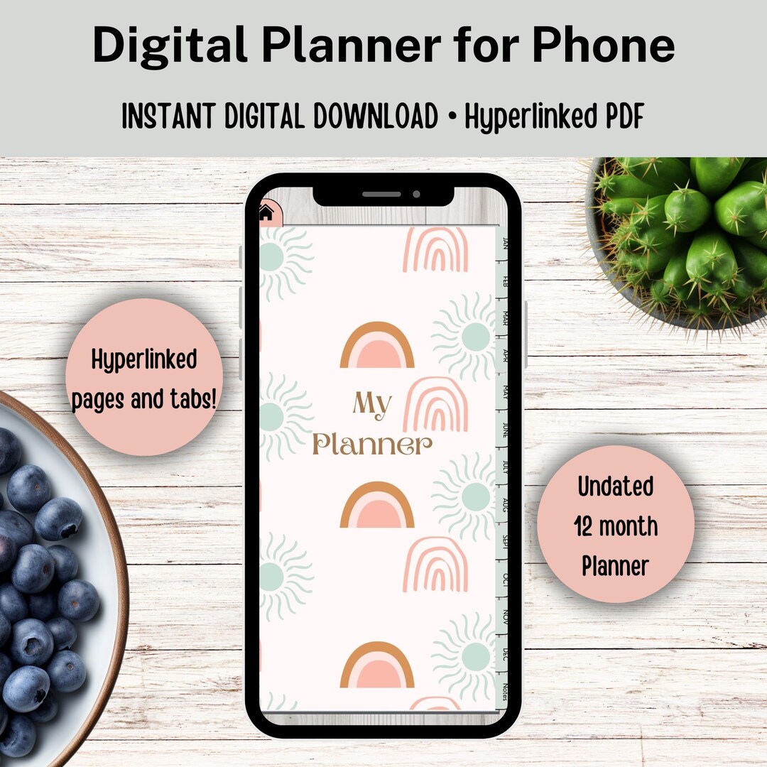 Digital Planner for Phone, Hyperlinked Index, 12 Monthly Undated ...