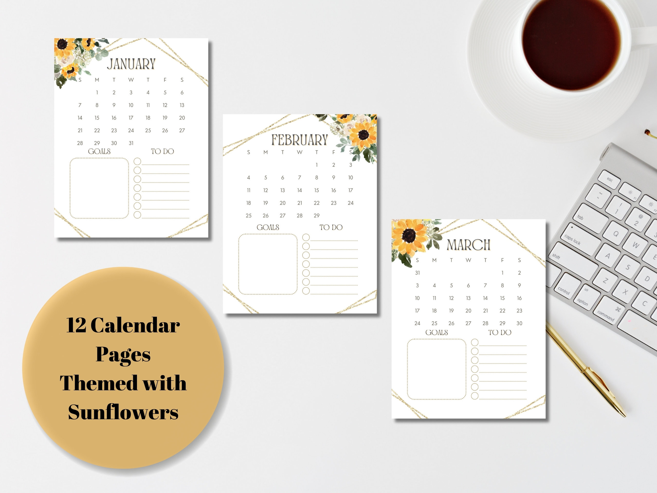 2024 Dated Calendar Pages, Sunflower Themed 2024 Calendar Pages ...