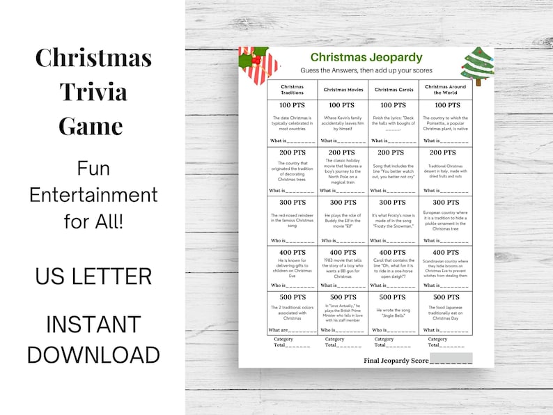 Christmas Trivia Game, Christmas Jeopardy Game, Activity for Adults ...