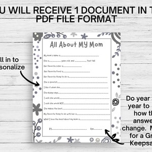 Mother's Day "all About Mom" Survey, Greyscale Mother's Day Gift ...