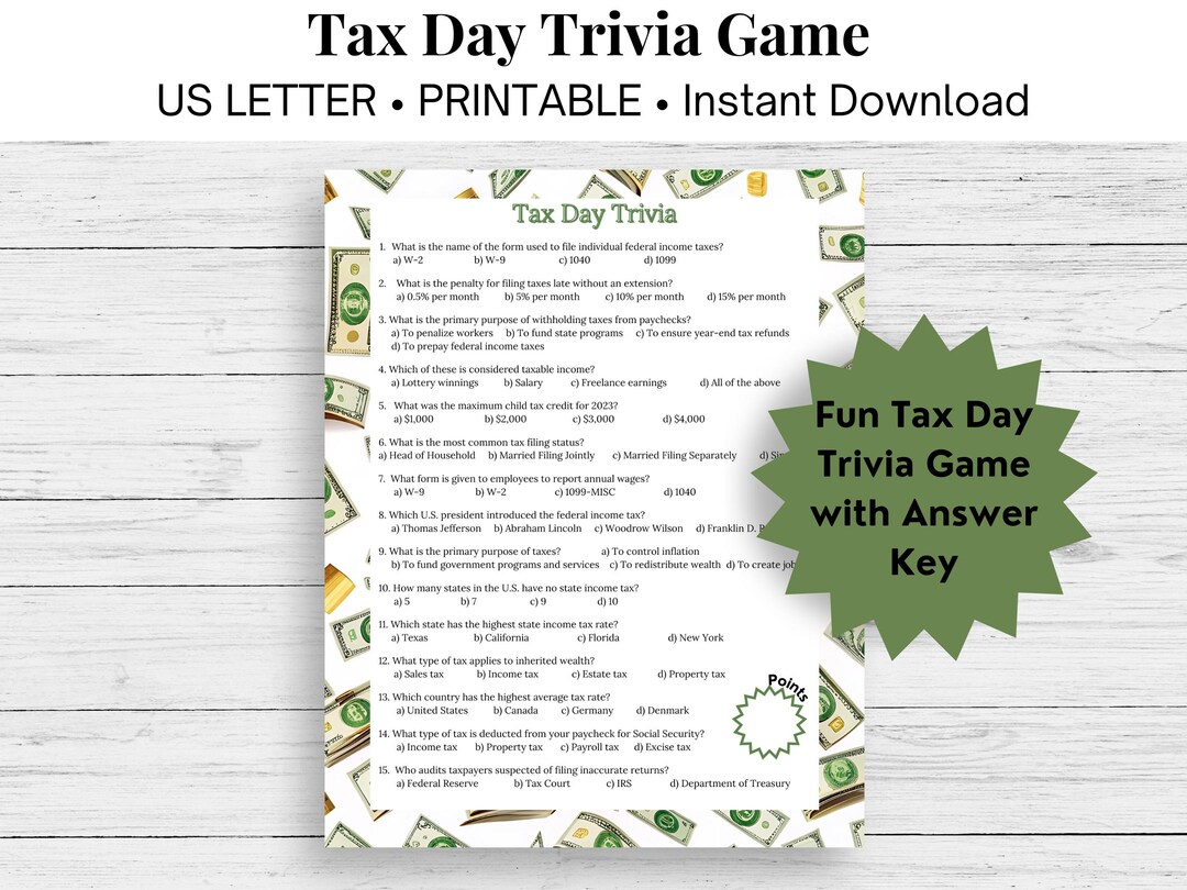 Tax Day Trivia Game, Printable Game, Tax Day Activity, Tax Day ...