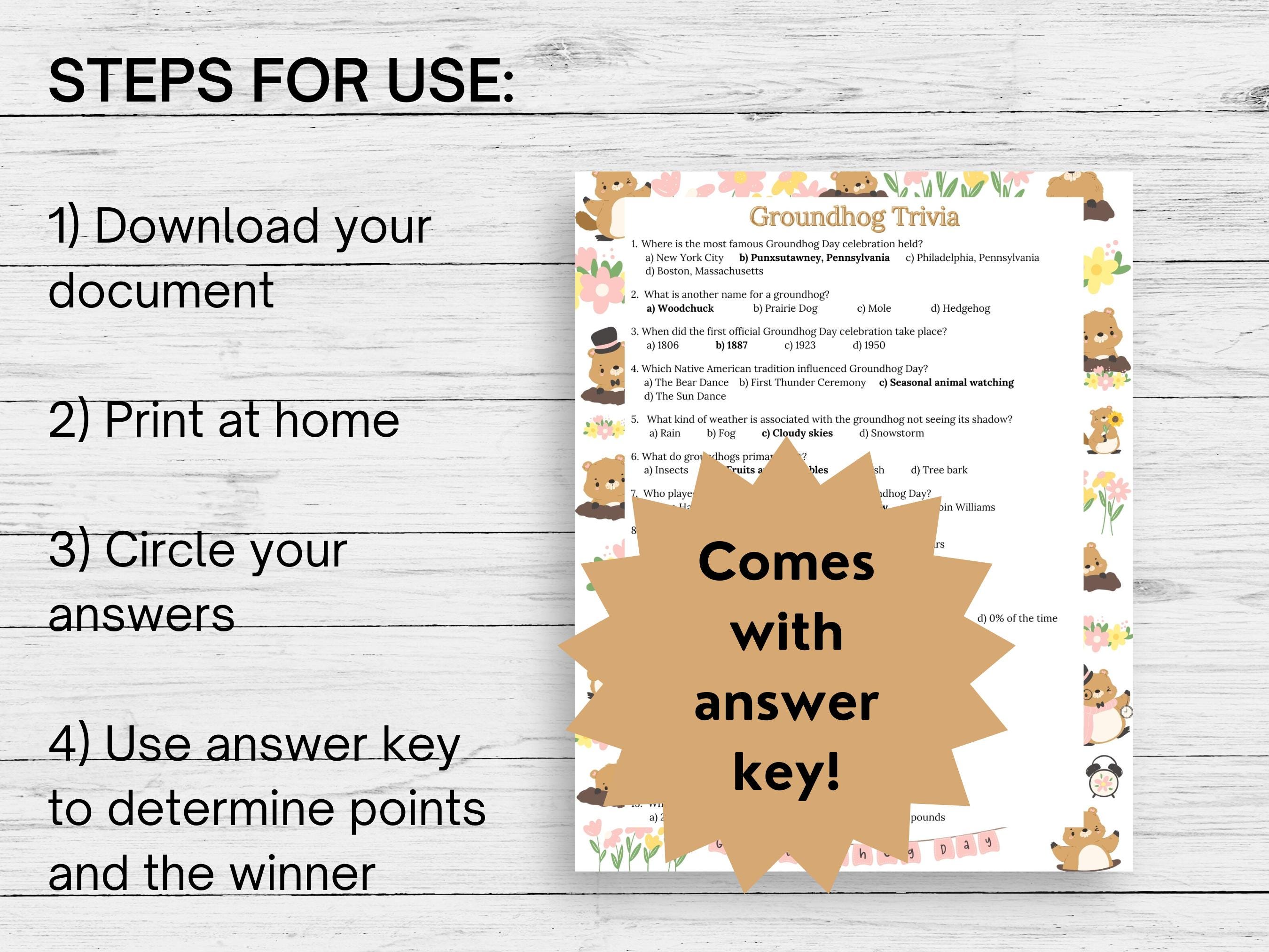 Groundhog Day Trivia Game, Printable Game, Groundhog Day Activity ...