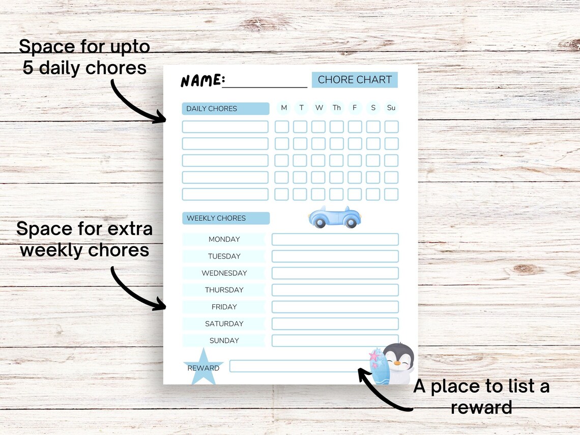 Kid's Printable Chore Chart Blue Surfing Penguin Fillable Chore Chart ...