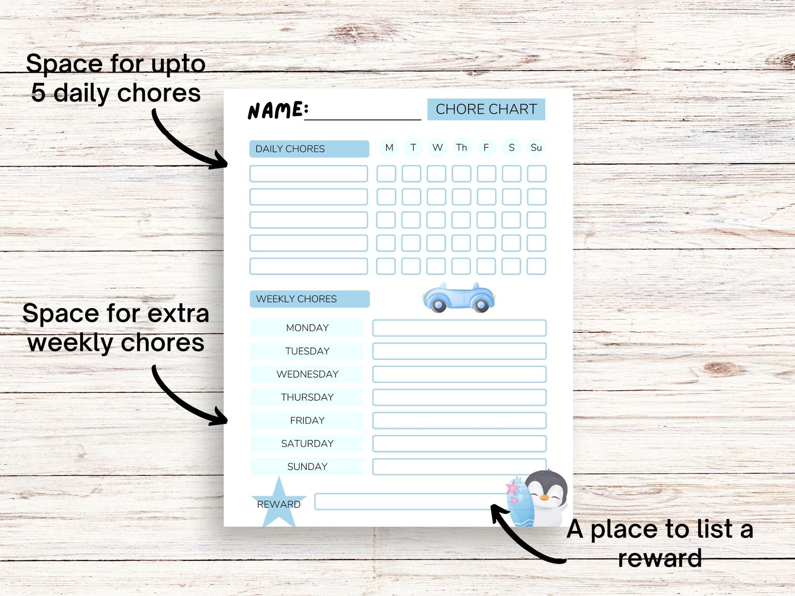 Kid's Printable Chore Chart Blue Surfing Penguin Fillable Chore Chart ...