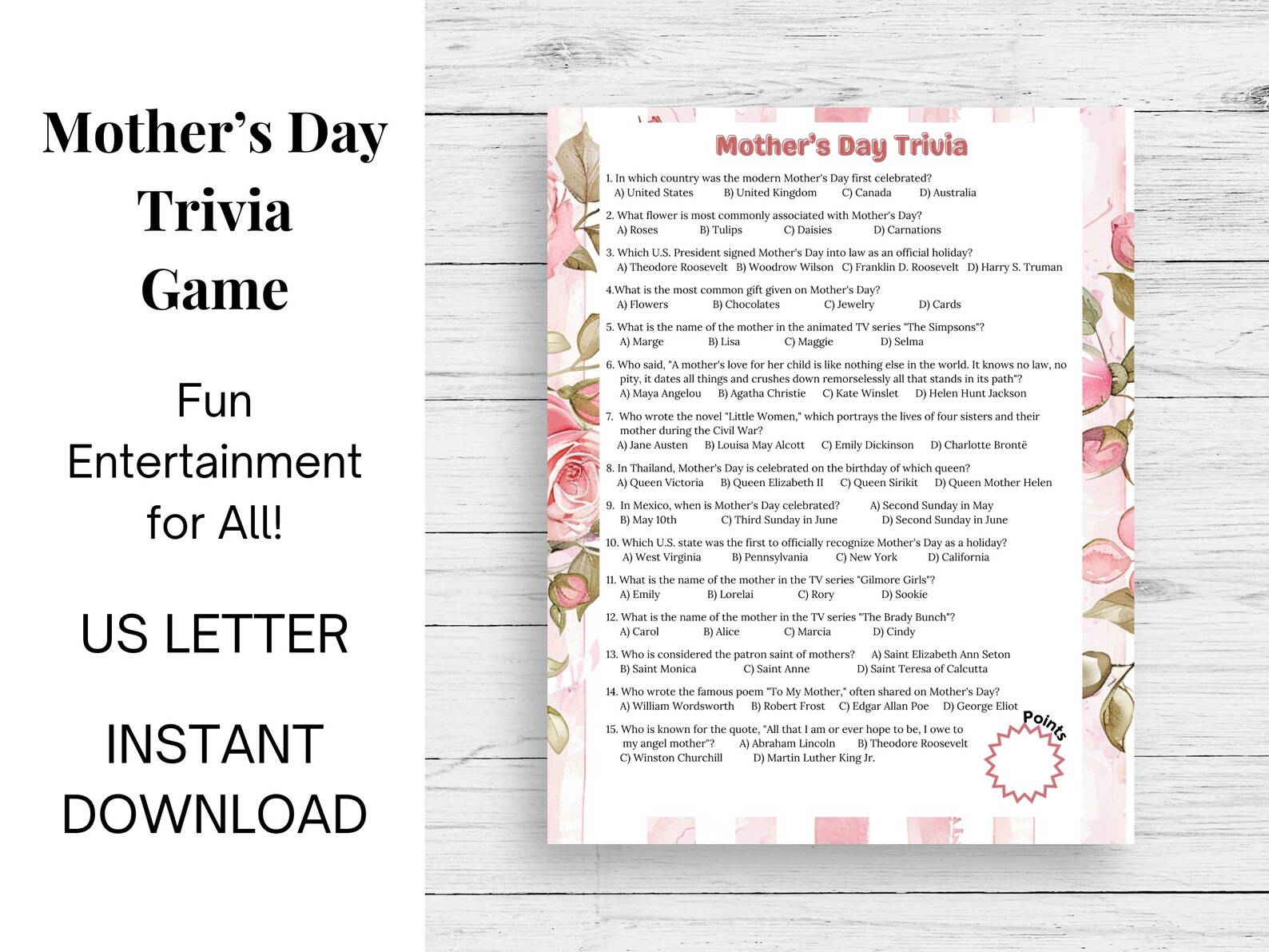 Mother's Day Trivia Game, Printable Game, Mother's Day Party Game ...