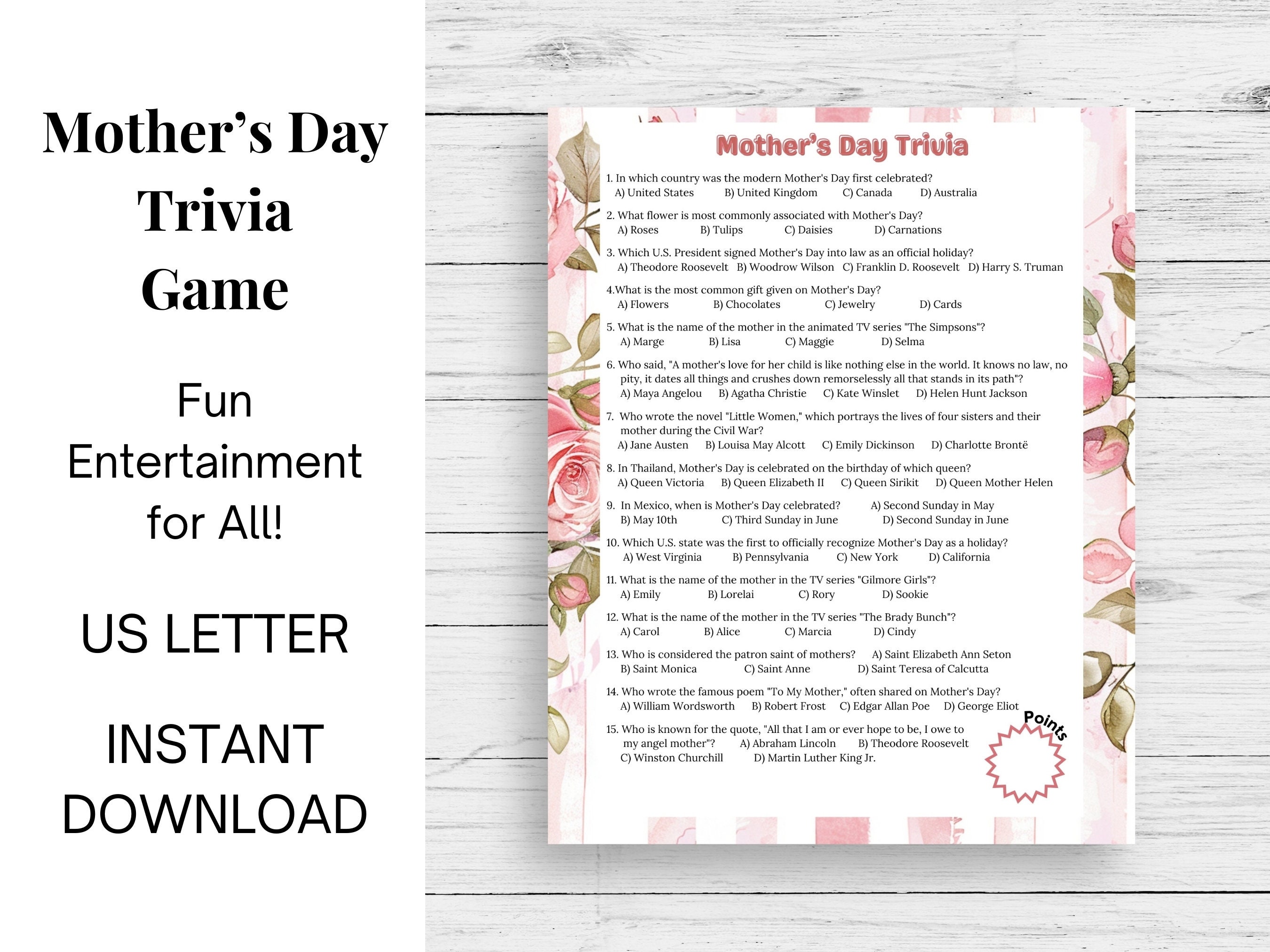 Mother's Day Trivia Game, Printable Game, Mother's Day Party Game ...