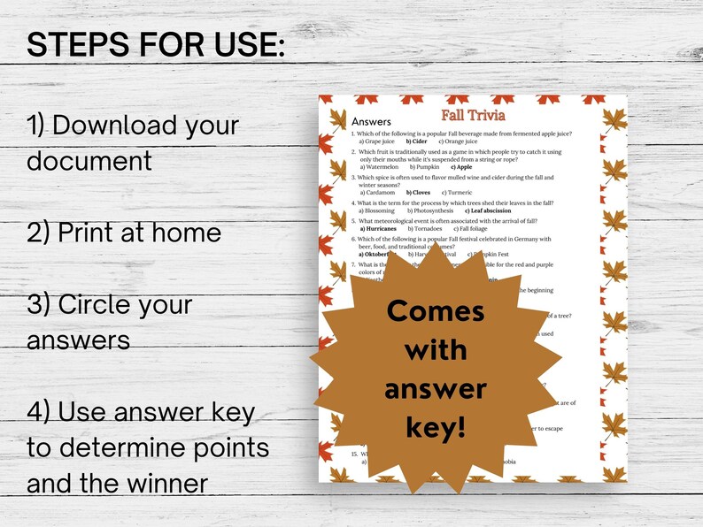Fall Trivia Game, Printable Autumn Game, Activity for Adults & Kids ...