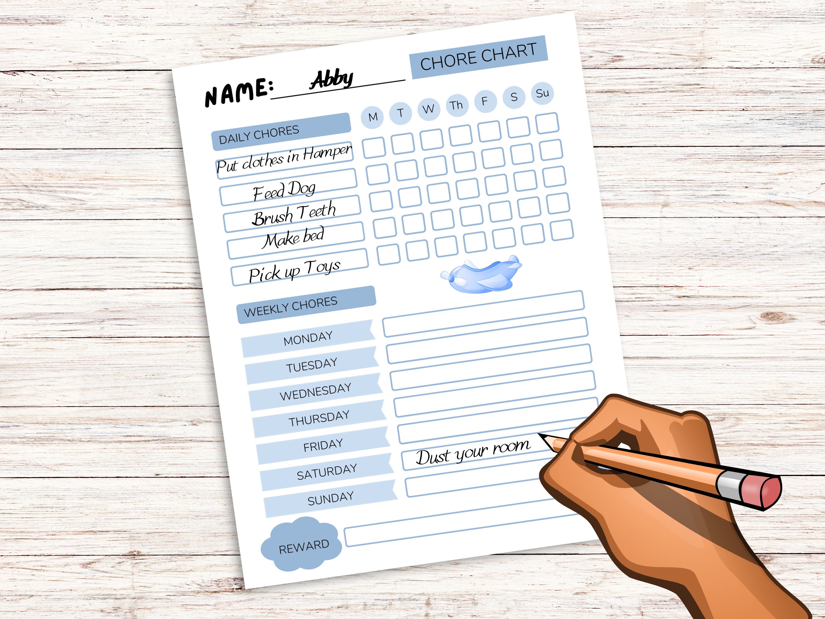 Kid's Printable Chore Chart Blue Hippo Rewards Chart Daily Chore ...