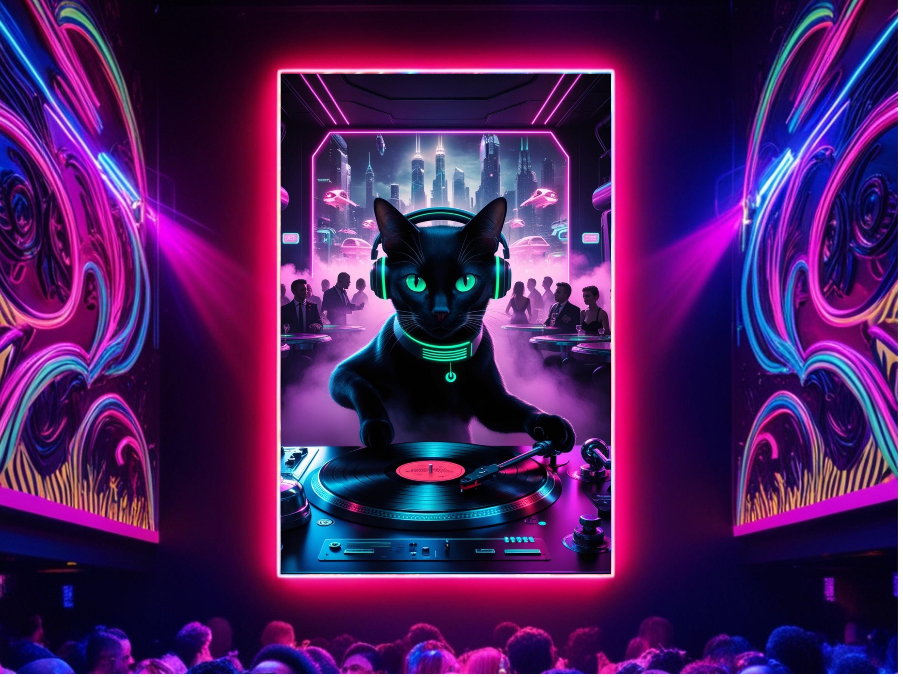 Cat DJ Wall Art, Neon Cyberpunk Cat, Futuristic Cat Print, Music Lover ...