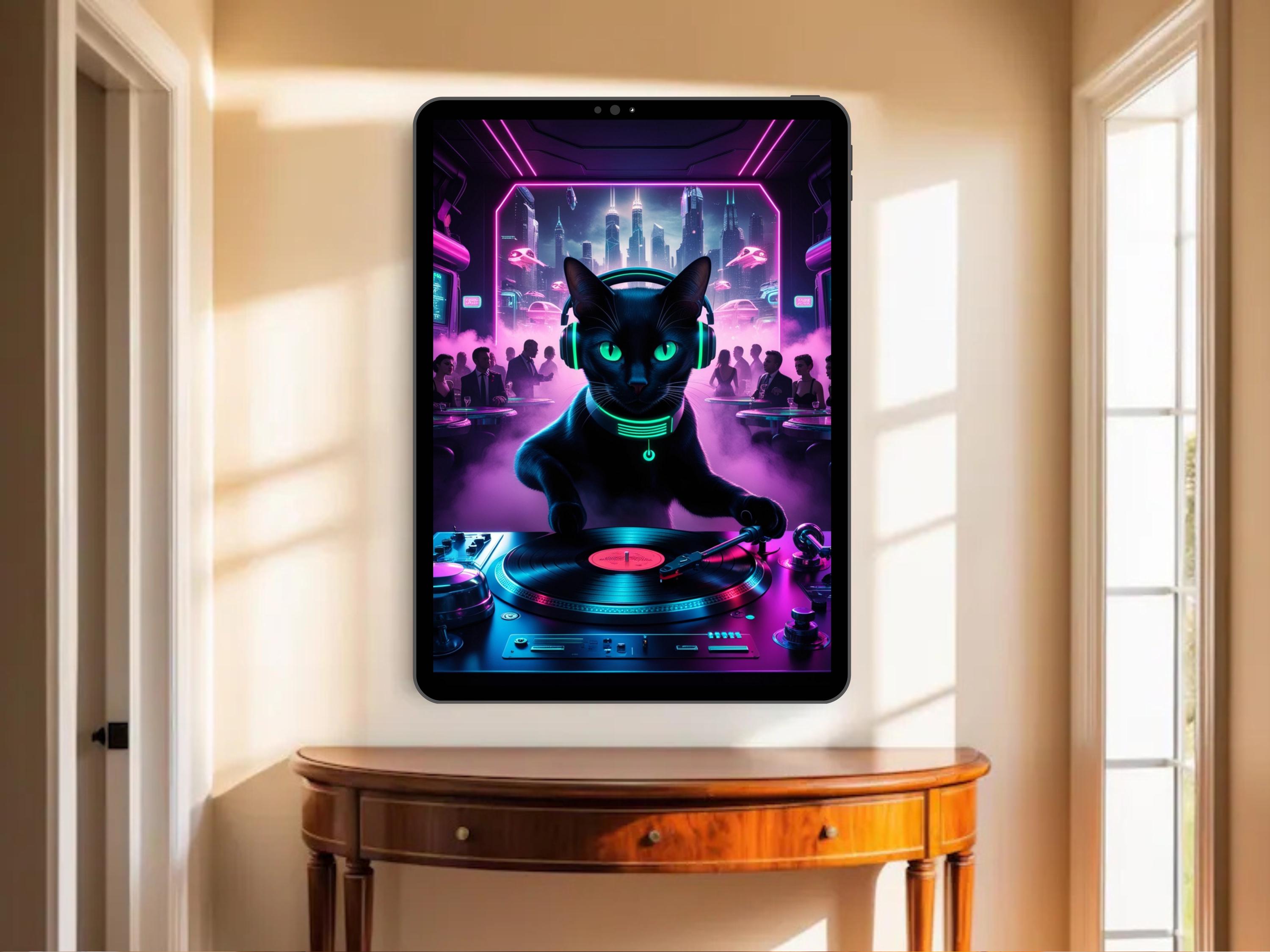 Cat DJ Wall Art, Neon Cyberpunk Cat, Futuristic Cat Print, Music Lover ...