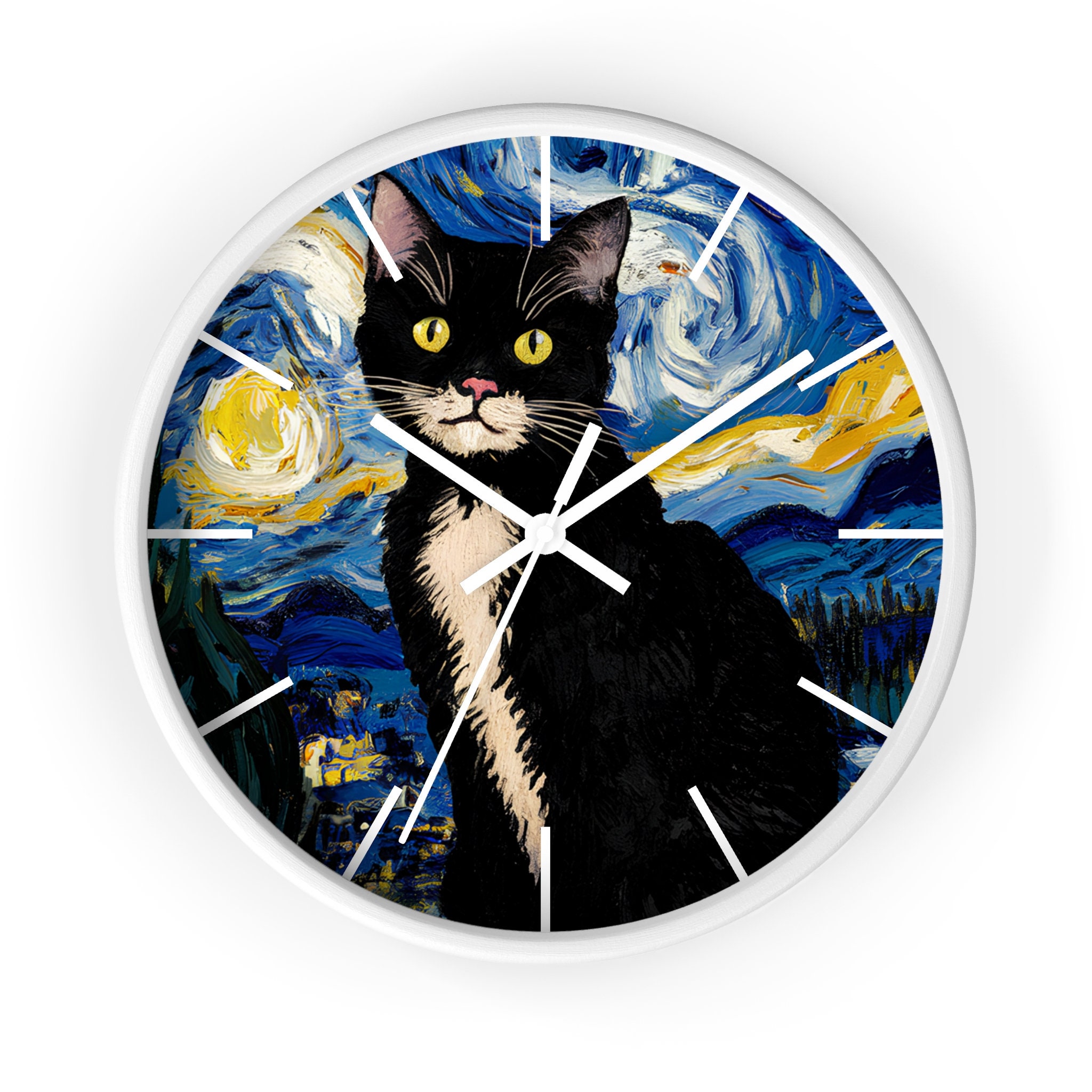 Tuxedo Cat Wall Clock Vincent Van Gogh Style Cat Painting, Black and ...