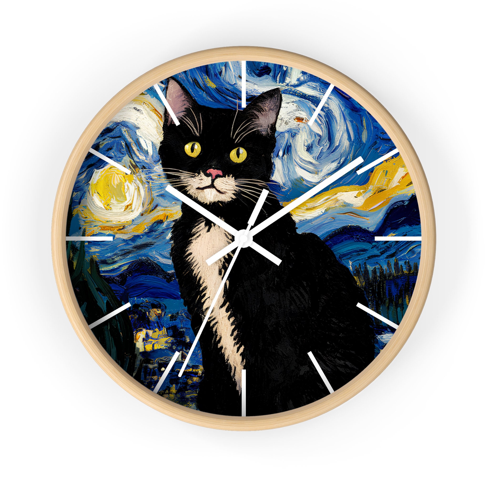Tuxedo Cat Wall Clock Vincent Van Gogh Style Cat Painting, Black and ...
