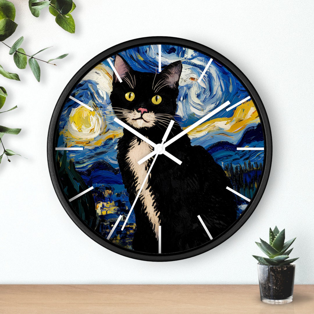 Tuxedo Cat Wall Clock Vincent Van Gogh Style Cat Painting, Black and ...