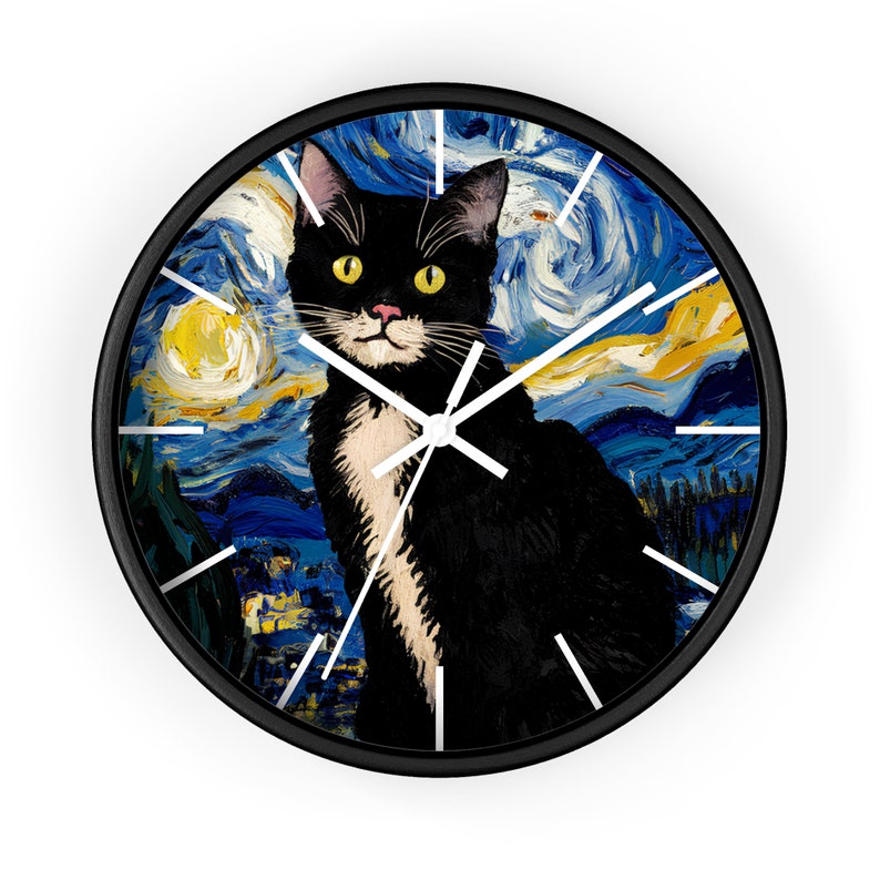 Tuxedo Cat Wall Clock Vincent Van Gogh Style Cat Painting, Black and ...