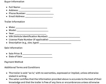 Trailer Bill of Sale, W/receipt Form - Print and Go - Etsy