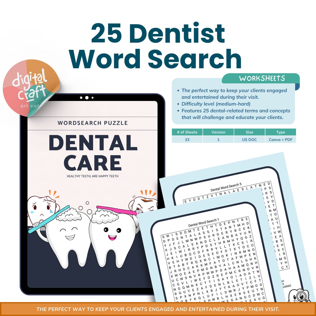 25 Dental Word Search Printable PDF for Dental Clinic - Etsy