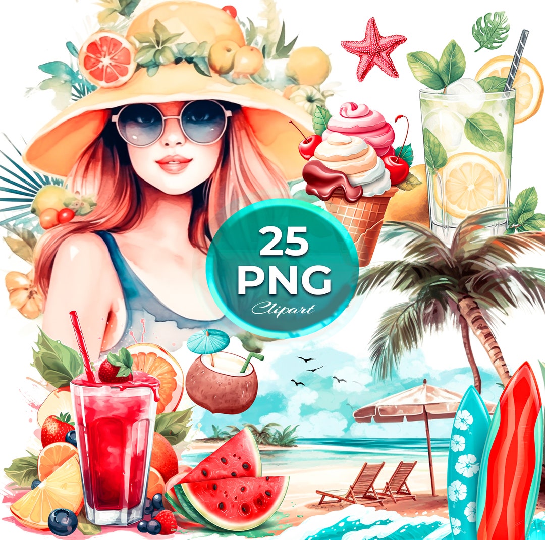 Summer Clipart Watercolor Clipart PNG Seasonal Sun Beach Ice Cream ...