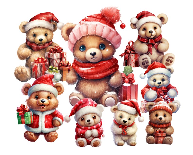 Christmas Teddy Bear Clipart Bundle Watercolor Bear PNG Festive Cute ...